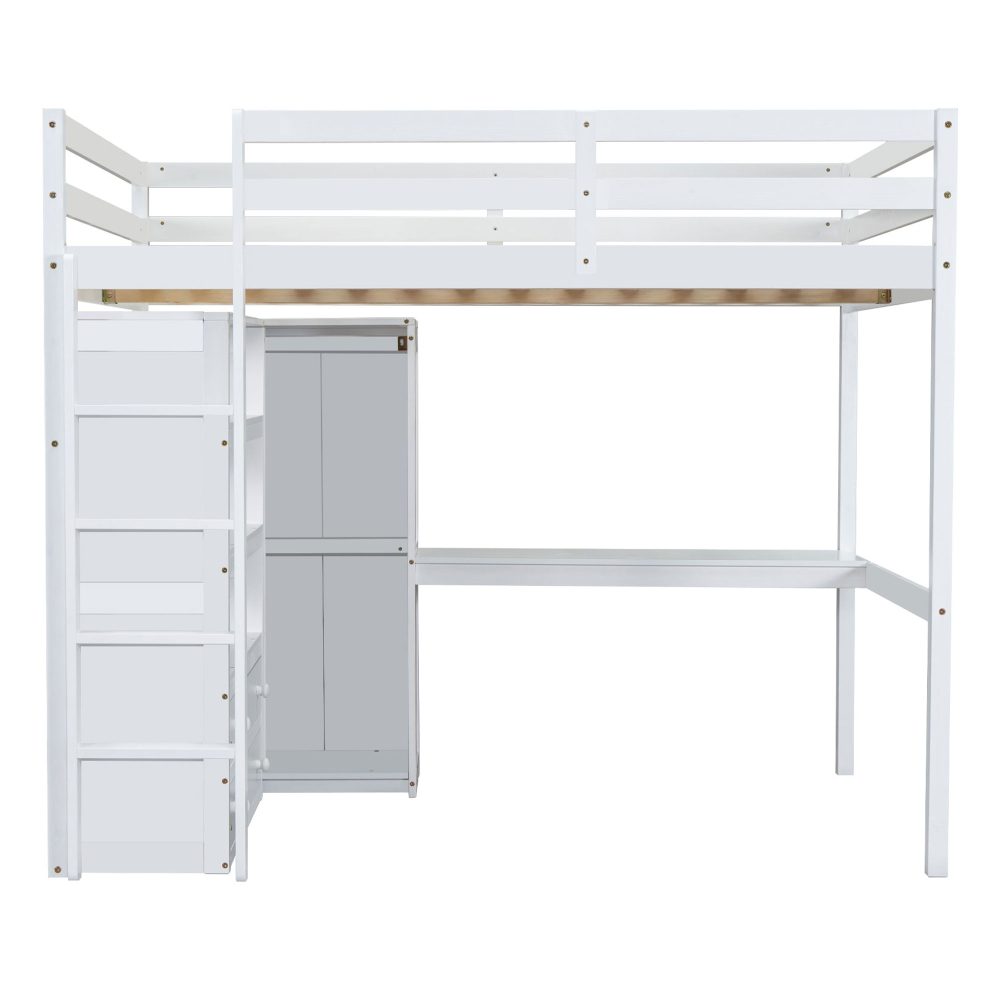 Wood Full Size Loft Bed with Built-in Wardrobe, Desk, Storage Shelves ...