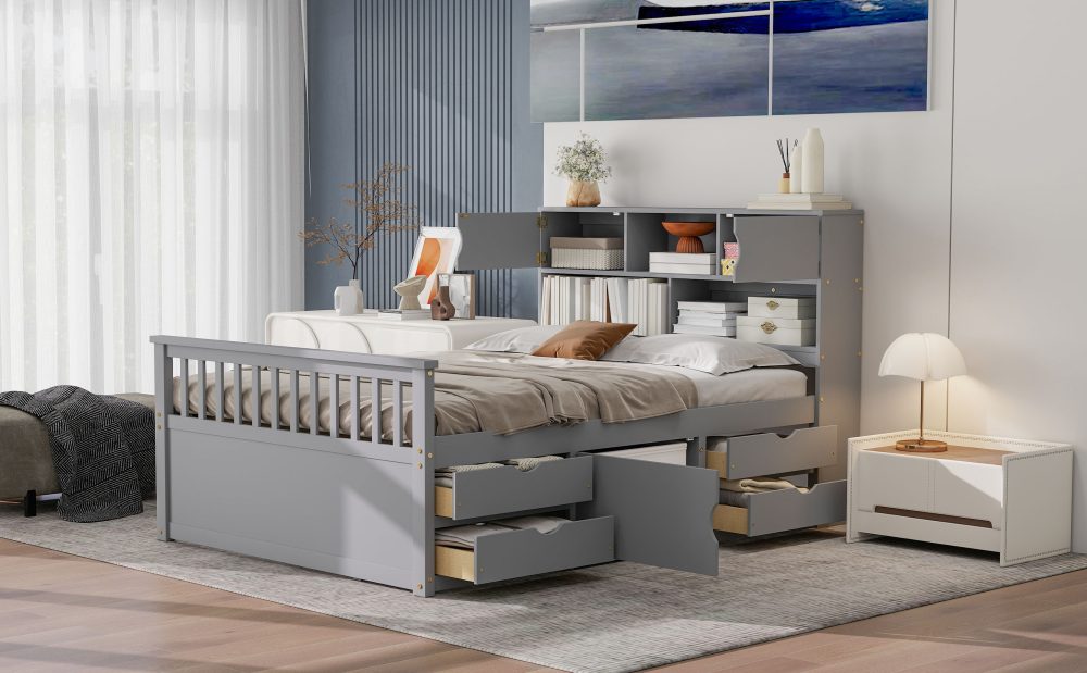 Full Size Captain Platform Bed Frame With Storage Bookcases, Shelves ...