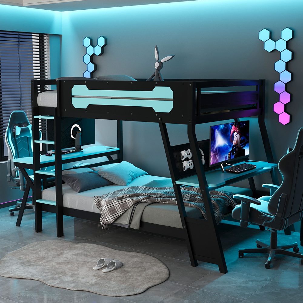 Full Size Bunk Bed with Two Built-In Gaming Desks, USB Desktop Ports ...