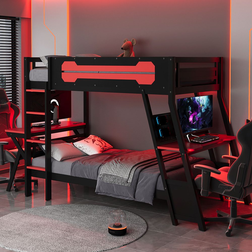 Twin Size Bunk Bed with Two Built-In Gaming Desks, USB Desktop Ports ...