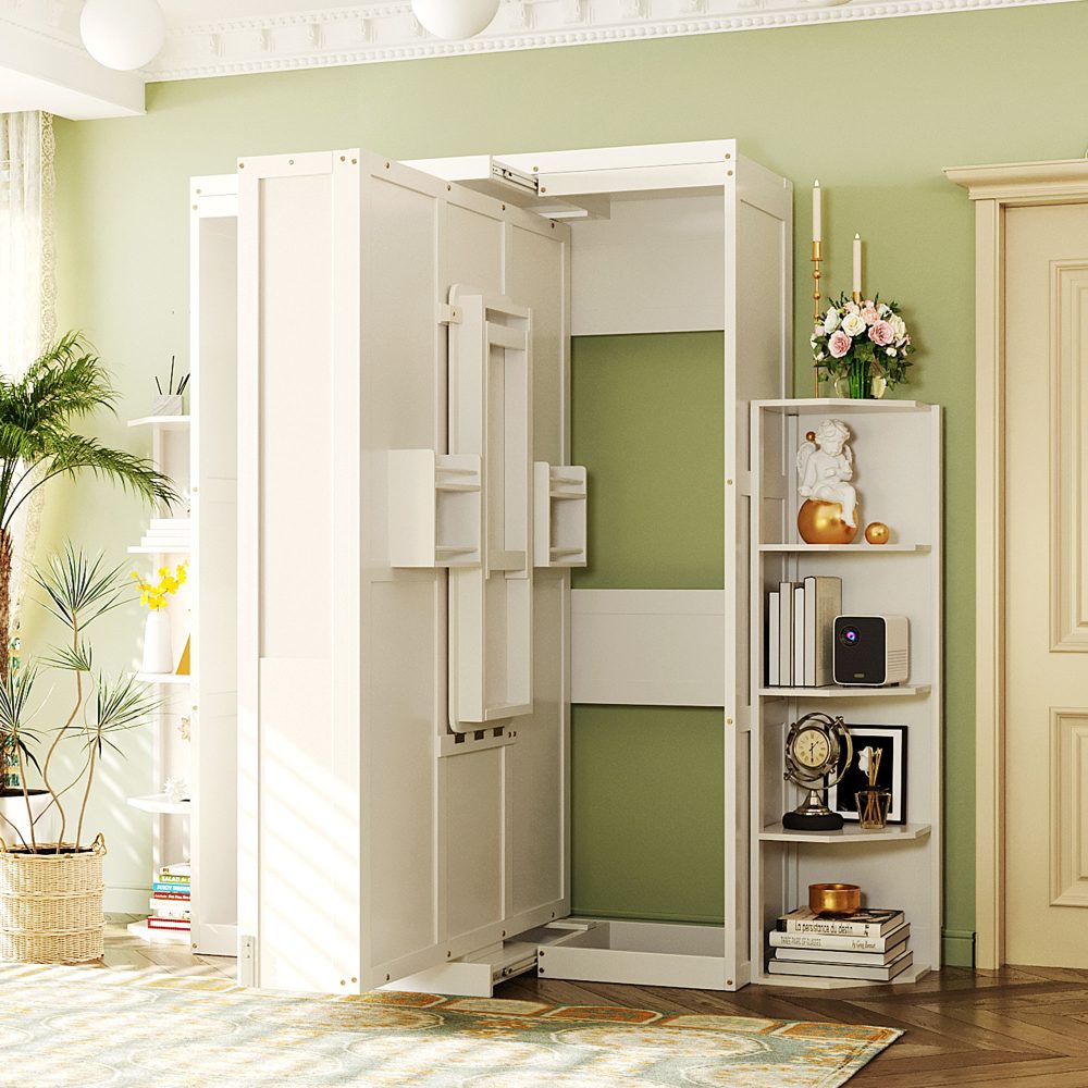 Rotating Queen Murphy Bed with Hidden Wall Cabinet, Shelves, Desk and ...