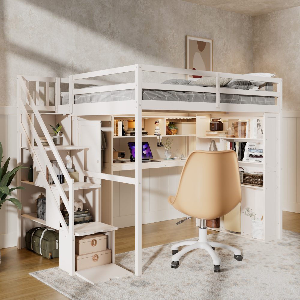 Full Loft Bed Frame with Built-In Wardrobe, Study Desk, Storage Shelves ...