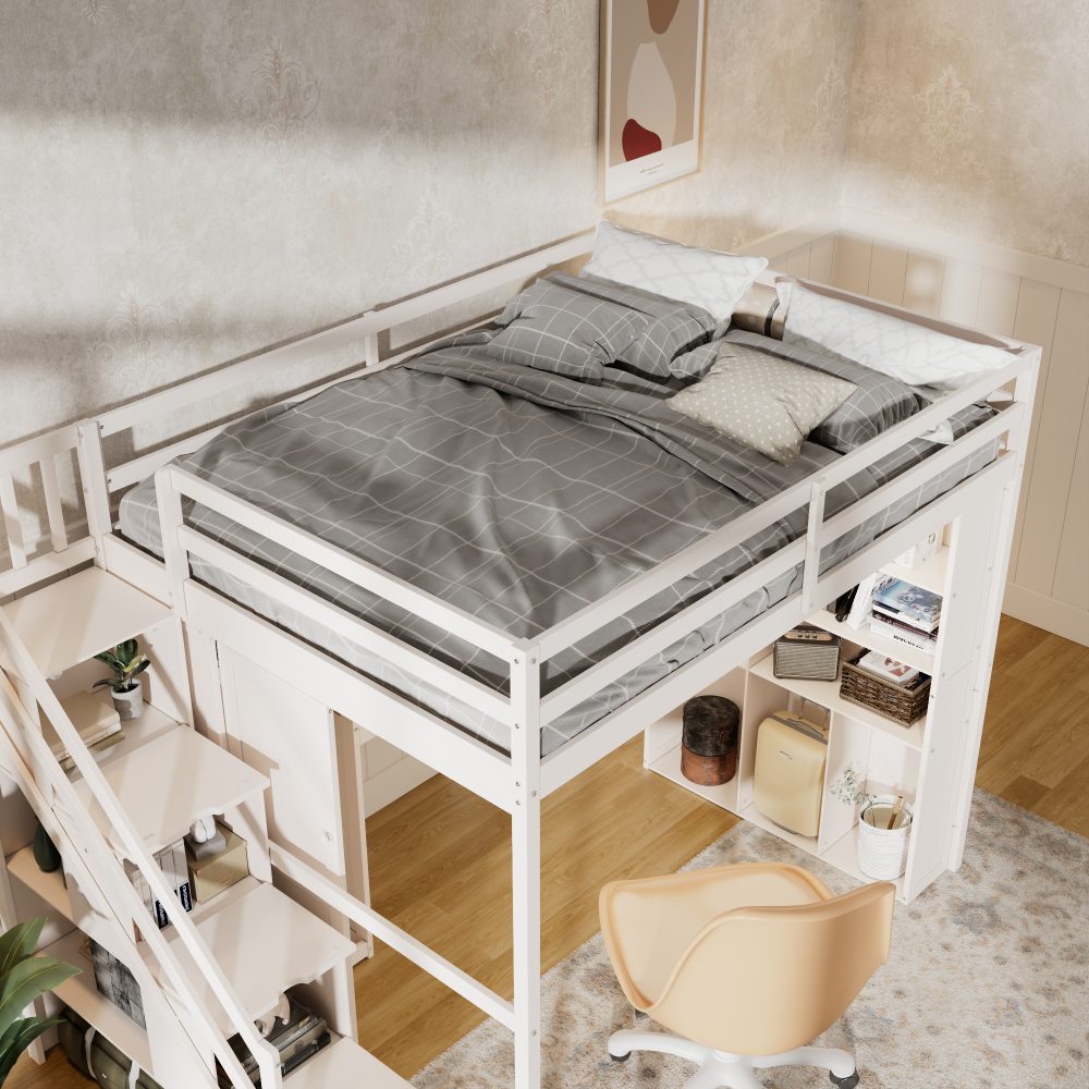 Full Loft Bed Frame with Built-In Wardrobe, Study Desk, Storage Shelves ...