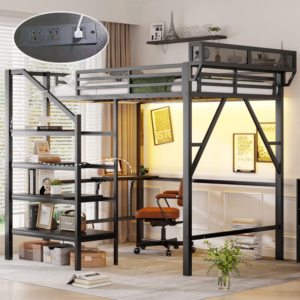 Metal Full Size Loft Bed With Foldable Desk,Light Strip, Staircase ...